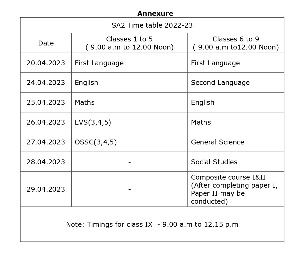 SA-2 REVISED TIMETABLE AND HALFDAY SCHOOLS ORDER 2023